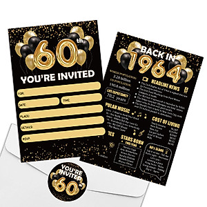 REWIDPARTY Black Gold 60th Birthday Invitations with Envelopes & Stickers（Set of 15） Back in 1964 Fill in Invitations Happy 60th Birthday Invite Cards 60 Years Old Birthday Party Supplies for Adults