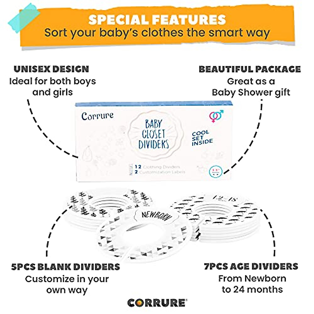 CORRURE Baby Closet Size Dividers - Complete Set of 12 Closet Dividers for Baby Clothes from Newborn to 24 Months - Best Nursery Closet Hanger Organizer for Baby Boy or Girl - Ideal Baby Gift (White)