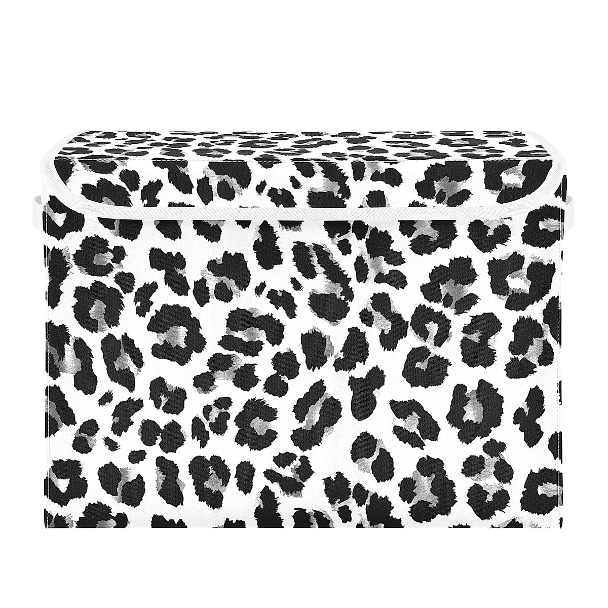 Joisal White Leopard Black Cheetah Collapsible Flip-Top Storage Box with Lid, Stackable Storage Boxes, Large Storage Bags, with Handle and Full Print