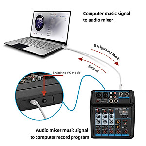 Depusheng U4 Portable Mini Mixer 4 Channel Audio DJ Console with Sound Card, USB, 48V Phantom Power for PC Recording Singing Webcast Party