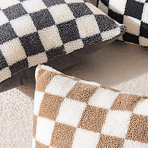 WACOMECO Decorative Throw Pillow Covers - Soft Sherpa Checkerboard Cushion Covers Faux Fur Pillow Cases for Sofa Bedroom Livingroom Car, 16 x 16 in, Khaki and Off White