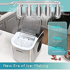 EUHOMY Countertop Ice Maker Machine with Handle, 26lbs in 24Hrs, 9 Ice Cubes Ready in 6 Mins, Auto-Cleaning Portable Ice Maker with Basket and Scoop, for Home/Kitchen/Camping/RV. (Silver)
