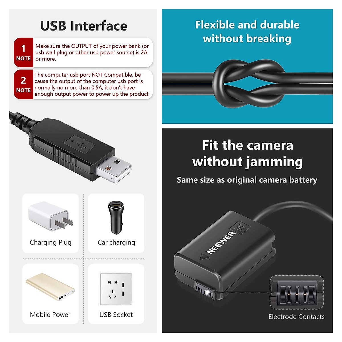 Neewer DC Coupler Replacement for NP-FW50 Dummy Battery Power Adapter with USB Cable Compatible with Sony A7 A7R A7S A7II A7RII A7SII A6500 A6400 A6300 A6100 A6000 NEX5 NEX7 DSC-RX10 II III IV