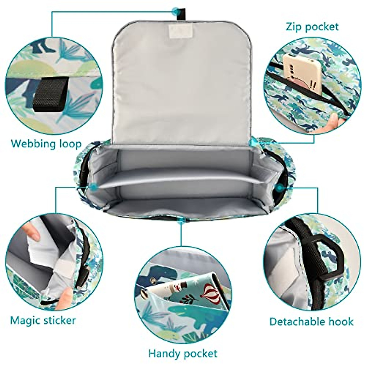 Dinosaurs Pattern Stroller Organizer with Cup Holder Universal Stroller Organizer Bag Detachable Shoulder Strap Stroller Accessories for Diaper Phone Keys Toys Fit All Baby Stroller