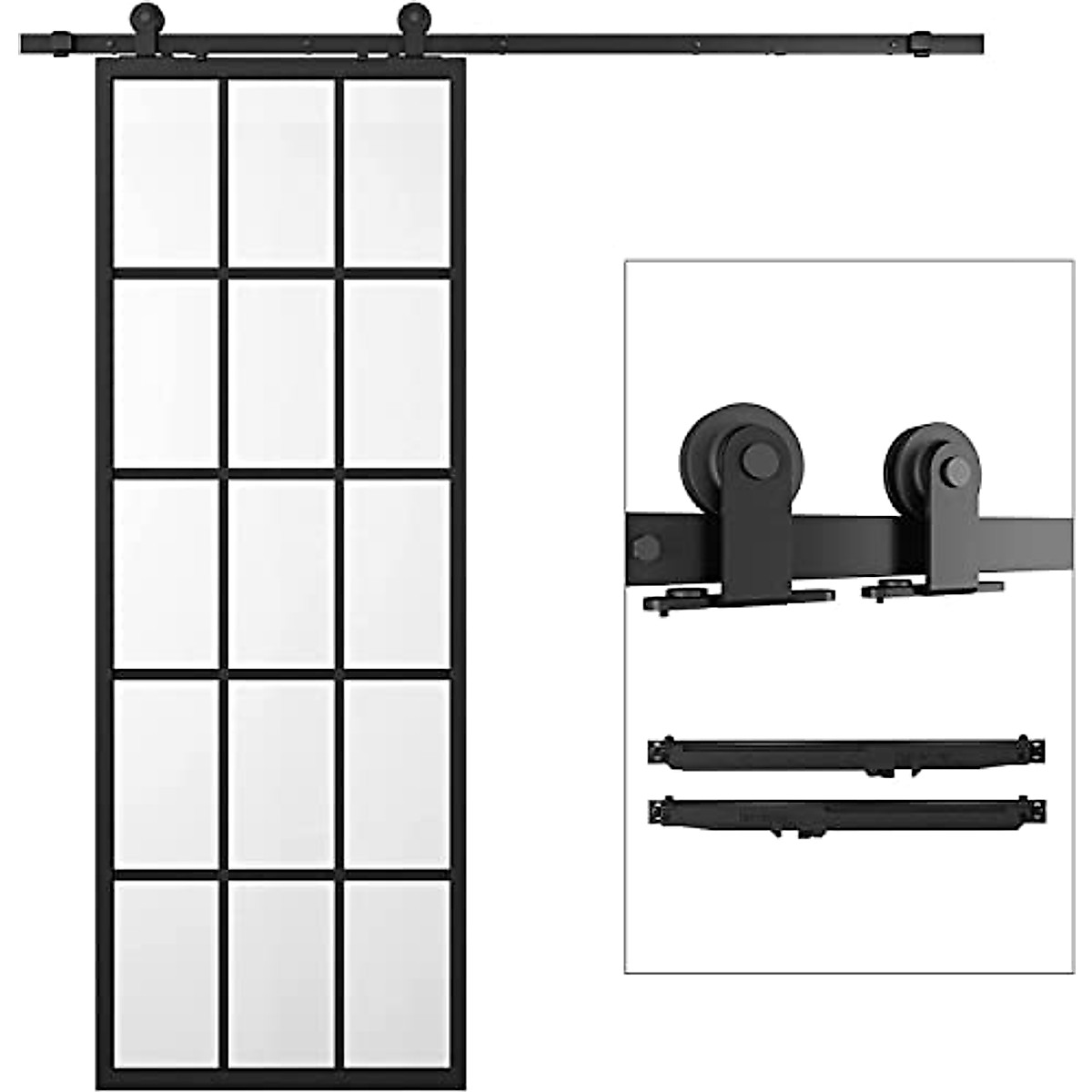 BARNSMITH 30in x 84in Frosted Glass Barn Door with 6FT Top Mounted Hardware kit Include Soft Close Mechanism DIY 15 Lites Modern Aluminum Frame Glass Sliding Barn Door Disassembled Easy Installation