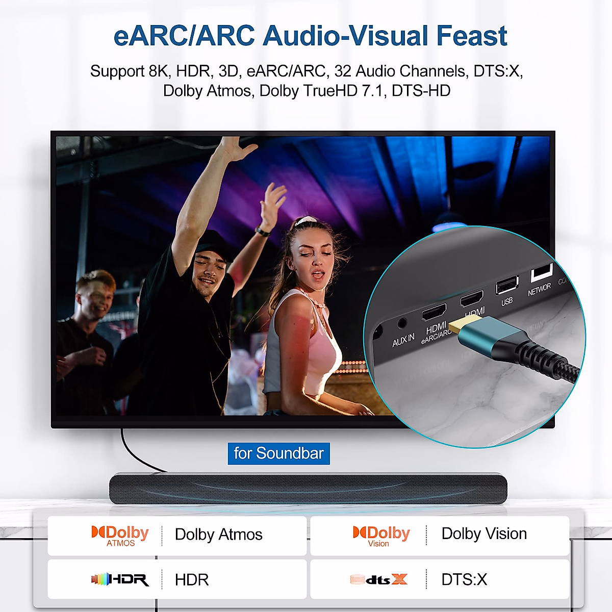 UVOOI 8K HDMI ARC/eARC Cable for Soundbar 6.6FT, eARC HDMI 2.1 Cable, High Speed HDMI Cord 48Gbps 8K@60Hz, 4K@120Hz Dolby Atoms (HDCP 2.2&2.3, 3D, HDR10) for Sound bar, Roku TV, PS5, HDTV, Blu-ray