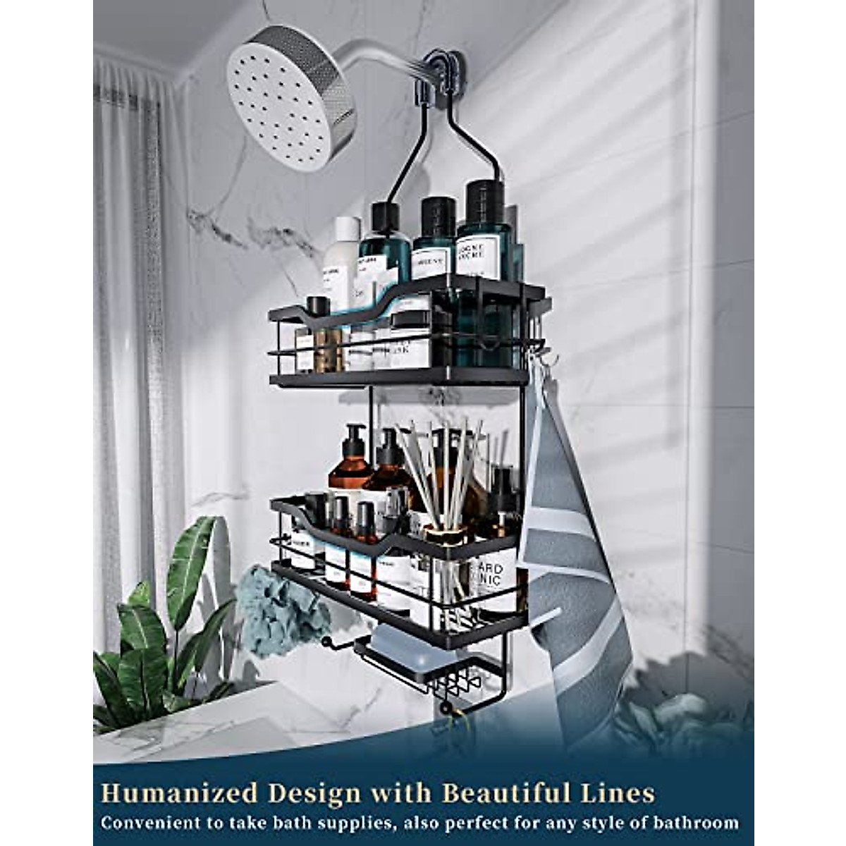 Consumest Shower Caddy over Head Hanging Shower Caddy with Soap Holder, Rustproof & Waterproof Shower Shelf with 4 Movable Hooks, No Drilling Black Shower Rack for Bathroom, Shower Room