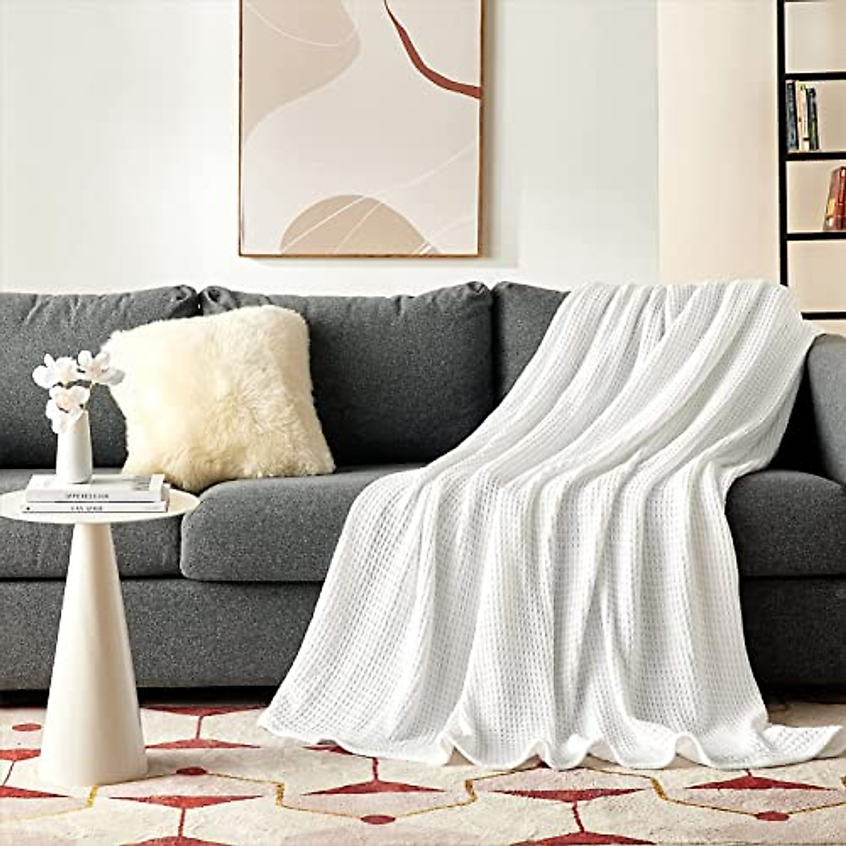 White Waffle Weave Soft Lightweight Queen Size Bed Blanket, 90x90in - 100% Cotton, Travel Blanket, Throw Blanket for Sofa, Bed, Couch