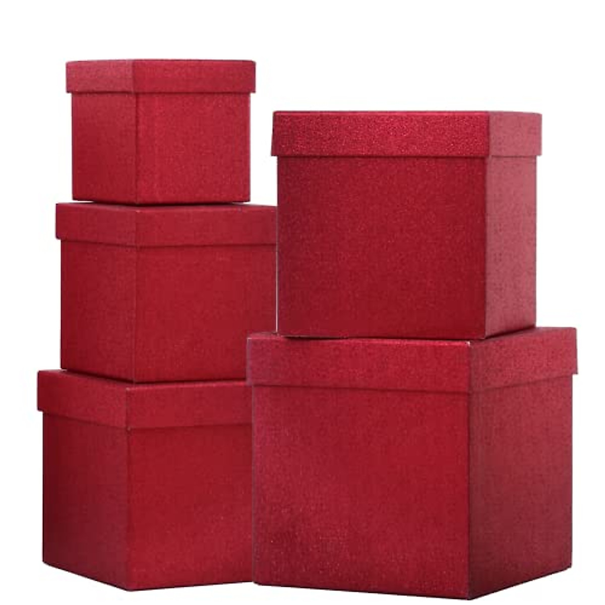 UNIQOOO 5Pcs Red Glitter Christmas Gift Box Set with Lid, Assorted Size, Square Nested Wedding Keepsake Boxes, Holiday Paper Box Tower Organizer For Birthday Party, Mother's Day Gift Wrap Packaging