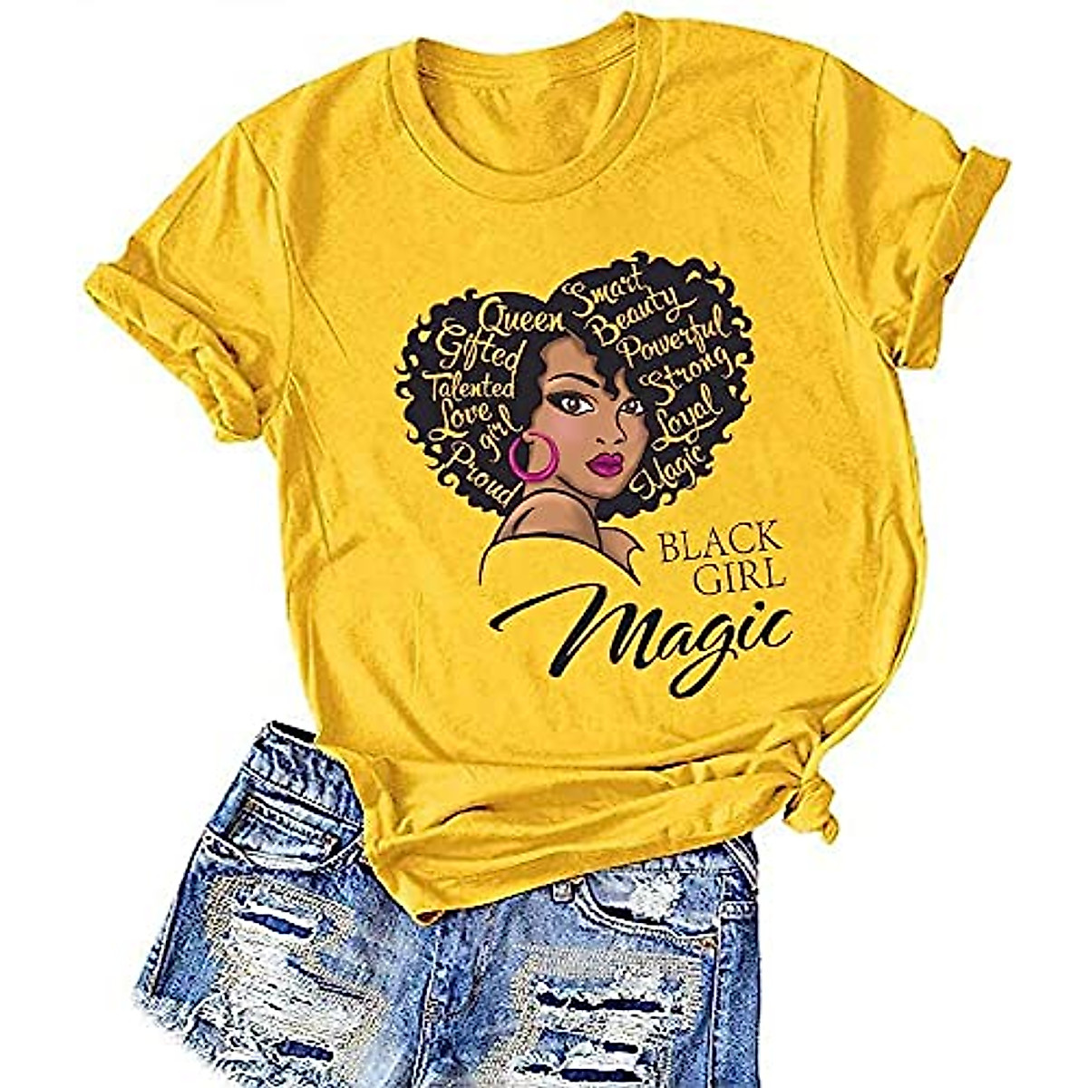 Black Girl Graphic tees for Women, Magic Fashion Afro American Natural Hair Vintage Melanin T-Shirts(Yellow,M)