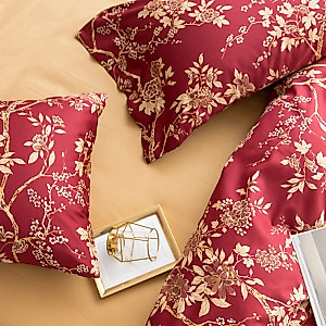 Eastern Floral Chinoiserie Blossom Print Duvet Quilt Cover Navy Blue Tan White Asian Style Botanical Tree Branches Ornamental Drawing 400TC Egyptian Cotton Bedding Set Garnet, Twin