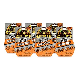 Gorilla Crystal Clear Duct Tape, 1.88" x 9 yd, Clear, (Pack of 6)