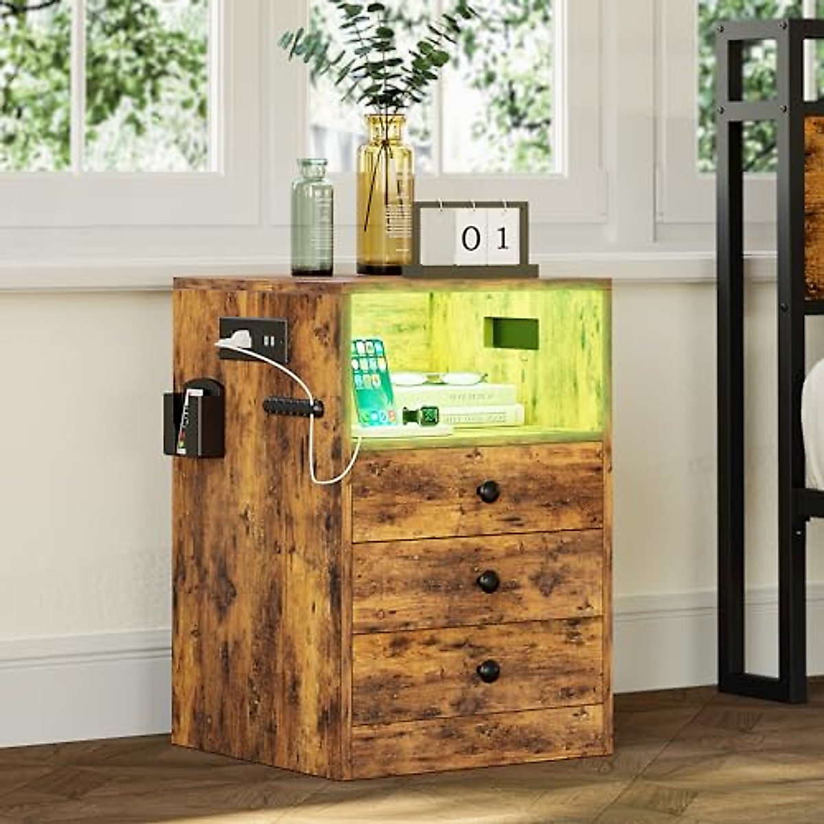 LIKIMIO Nightstand with Charging Station and 3 Drawers, LED Lights End Side Table with interchangeable sockets and Hooks, Vintage Brown
