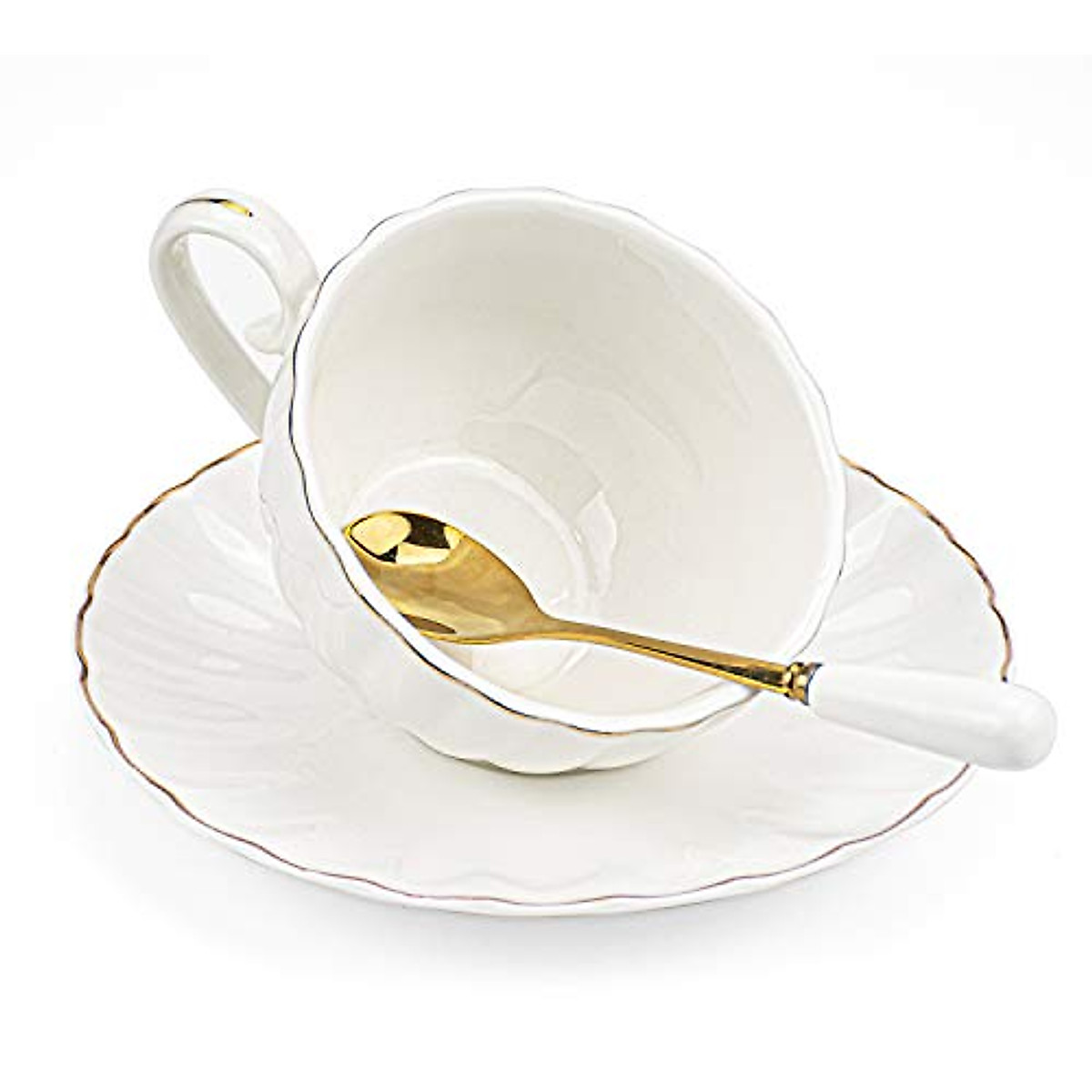 Yesland Set of 6 Royal Tea Cups and Saucers with Gold Trim, 8 Ounce White Porcelain Tea Set & British Coffee Cups, White Latte Cups and Espresso Mug for Specialty Coffee Drinks, Latte, Cafe Mocha, Tea