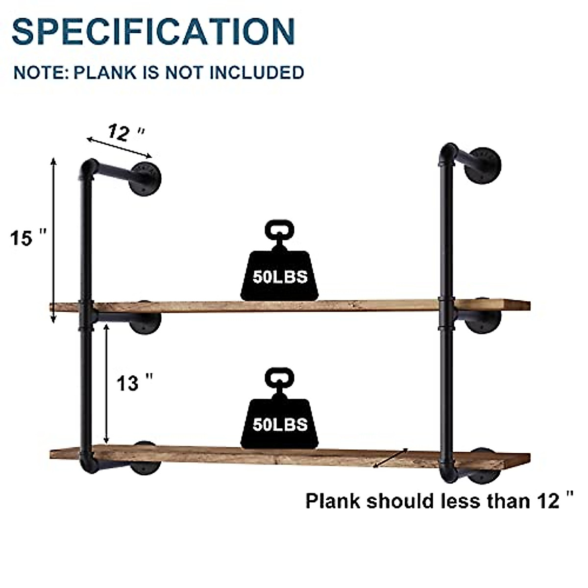2 Tier Industrial Shelves Brackets, Wall Mount Iron Pipe Shelves, Pipe Floating Shelves for DIY Open Bookshelf Office Kitchen Home Bar (Plank Not Included) (2-Tier)