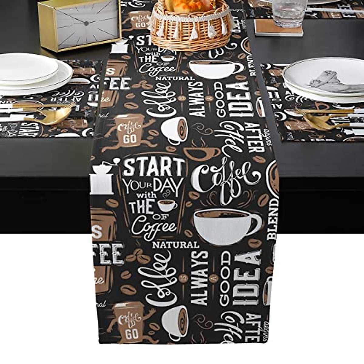 Rural Coffee Table Mats Set of 6 with Table Runner 70 Inches Long,Cotton Linen Tablerunner Burlap Kitchen Dining Placemats for Wedding/Coffee/Dress Party,Shabby Chic Esppresso Beans Cup Drinking