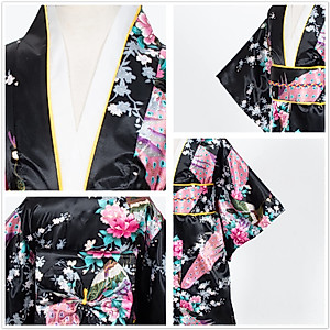 Japanese Traditional Dress Kimono Robe for Kids Girls Costume Silk Folding Fans hairstick Set(Black150cm)