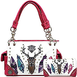 Elk Deer Tribal Feather Embroidered Conceal Carry Women Shoulder Handbag Wallet Set (Pink)
