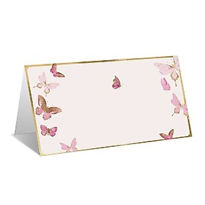 Place Cards for Pink Butterfly Party, Editable Name Place Cards, Seating Place Cards for Tables, Tent Style Cards for Wedding, Bride & Baby Shower, Easy Folding, Pack of 25 Escort Cards(B06)