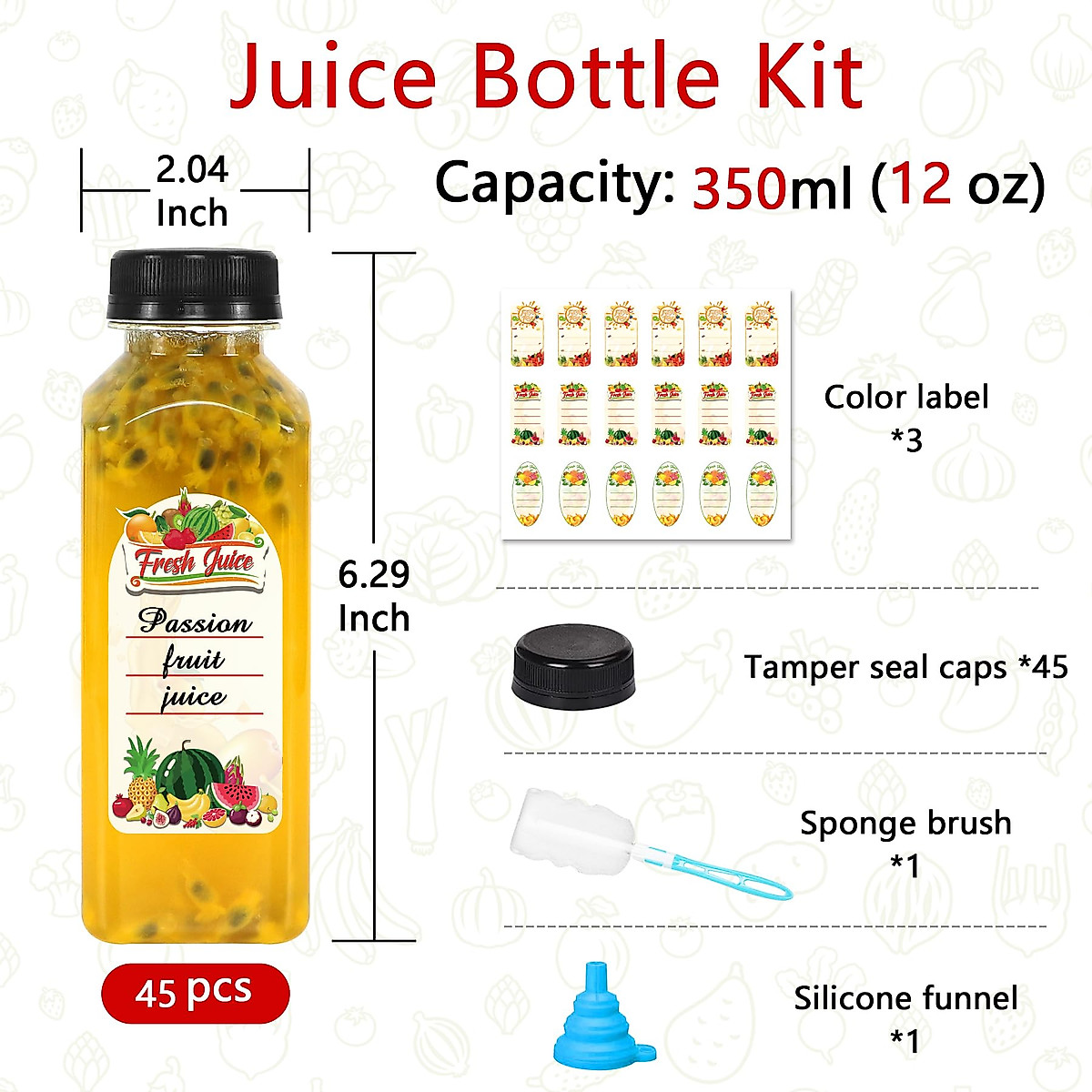 PeacePeo Plastic Juice Bottles with Caps 12 OZ, 45 Pcs Juice Bottles Clear Empty Reusable Juice Bottle with Tamper Lids for Juicing Refillable Juice Bottles for Travel