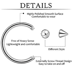 ONESING 20 Pcs Septum Rings 16G Septum Jewelry Septum Rings for Women Septum Lip Rings Nose Piercing Jewelry Tragus Horseshoe Earrings Hypoallergenic Stainless Steel Septum Ring 10mm