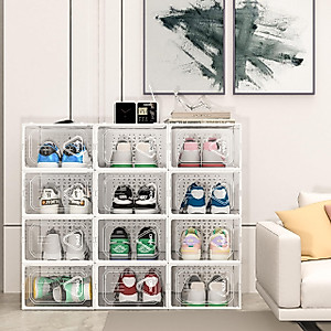 Ancofoo X-Large Shoe Storage Organizer Boxes, Clear Shoe Boxes Stackable Shoe Organizer for Closet, Shoe Containers Bins with Lids, Space Saving for Entryway, White, 12 Pack, Fit Size 11