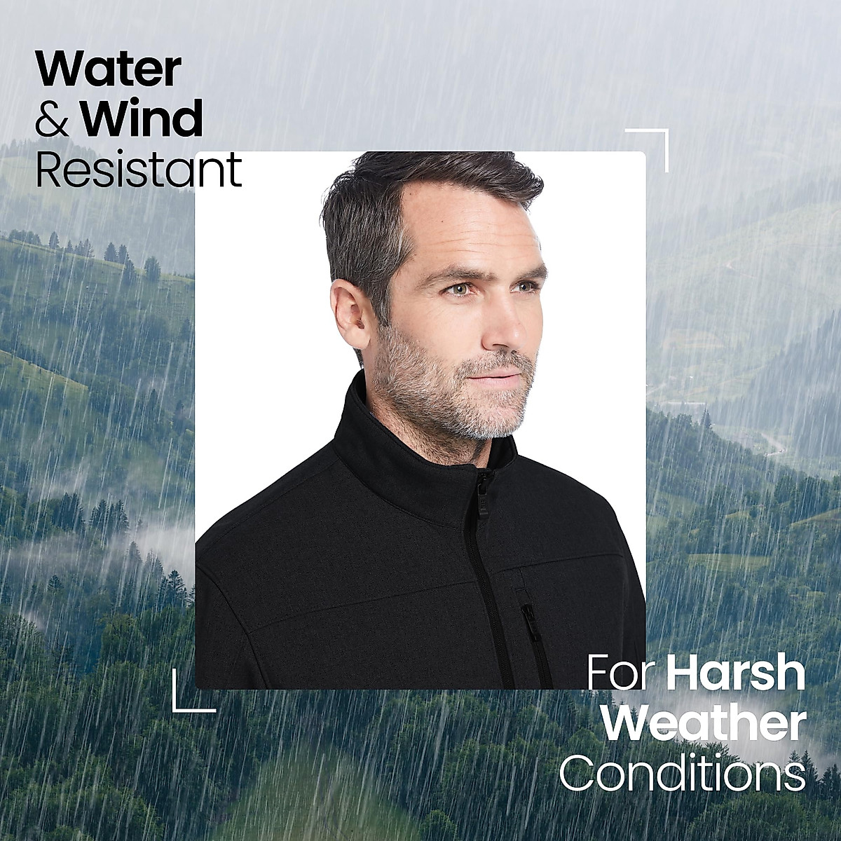 Weatherproof Midweight Softshell Jackets for Men - Water Resistant Zip-Up Men's Jacket with Stand Collar, Lightweight Windbreaker for Winter & Outdoor Activities, Black Medium