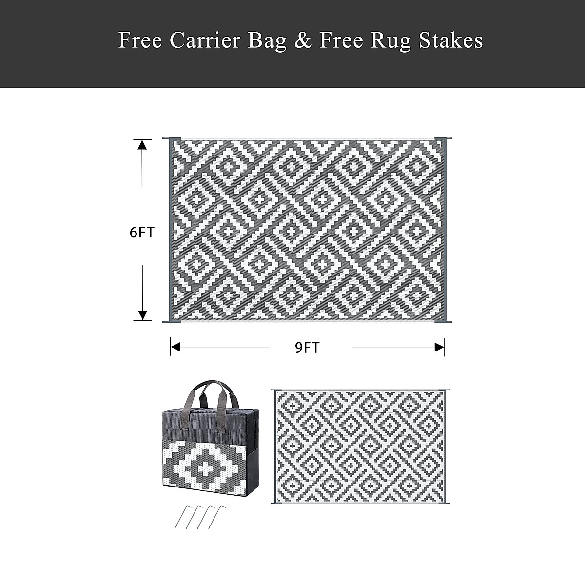 GENIMO Outdoor Rug for Patio Clearance,6'x9' Waterproof Mat,Reversible Plastic Camping Rugs,Rv,Deck,Porch,Camper,Balcony,Backyard,Grey & White