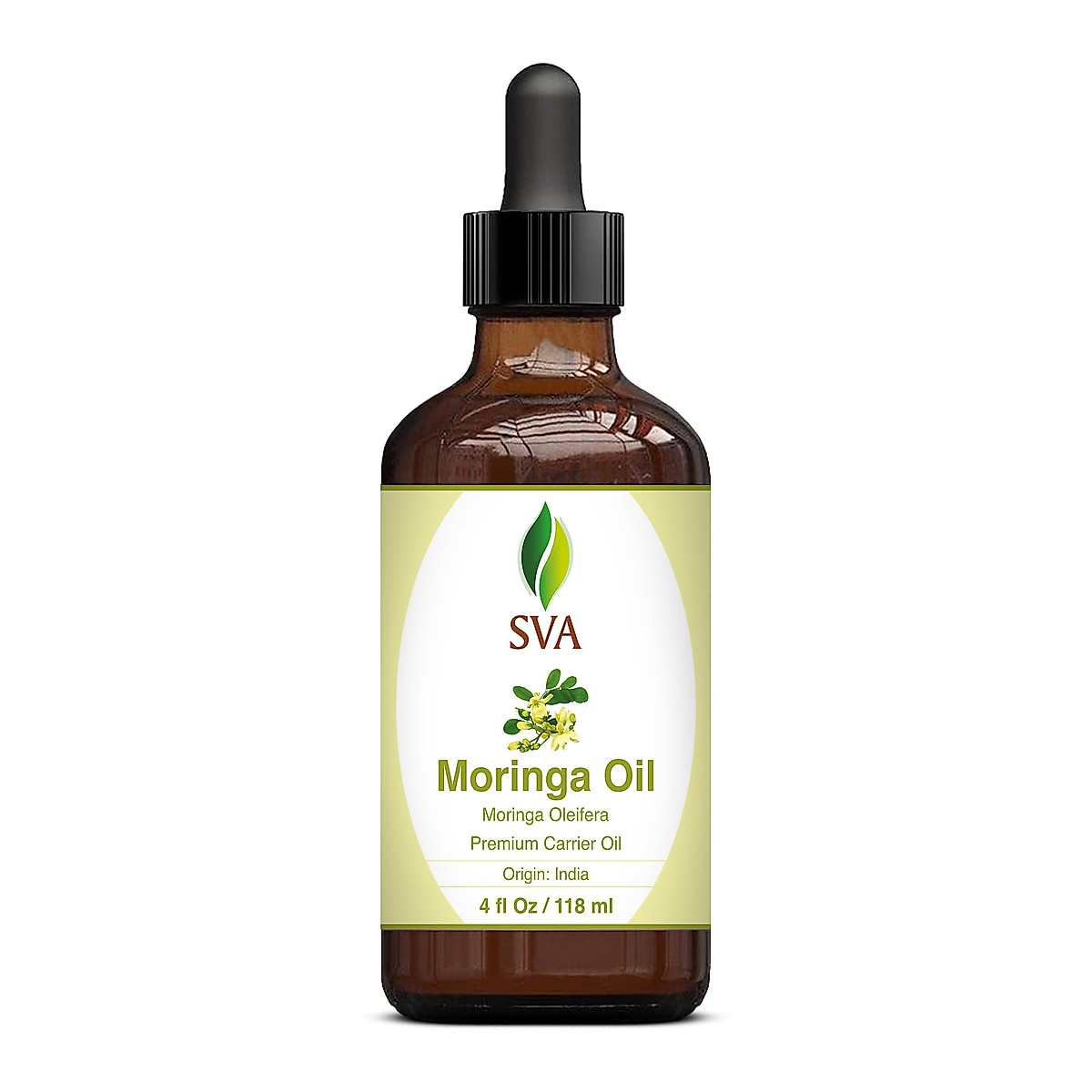 SVA Moringa Seed Oil - 4 Fl Oz – 100% Natural Cold Pressed Moringa Oil - for Face, Skin Care, Hair Care, Scalp Massage & Body Massage – Carrier Oil with Dropper