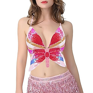 Haoohu Women's Sparkle Butterfly Sequin Crop Top Rave Party Top Shirts