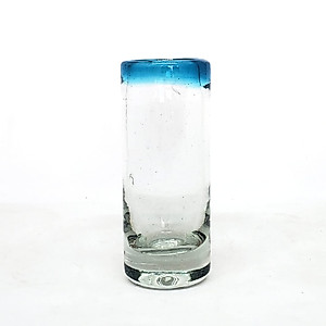 MexHandcraft Aqua Blue Rim 2 oz Tequila Shot Glasses (set of 6), Recycled Glass, Lead-free, Toxin-Free (Shot)