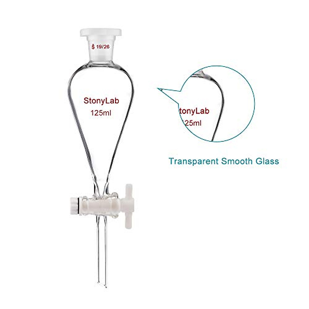 stonylab Borosilicate Glass 125 ml Heavy Wall Conical Separatory Funnel with 19/26 Joints and PTFE Stopcock, 125 ml