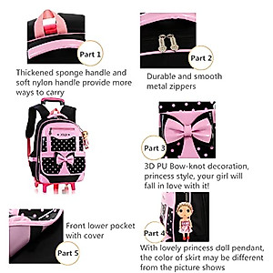 Bowknot Kids Rolling School Backpack 2Pcs Polka Dot Princess Style Trolley Bookbag on Two Wheels