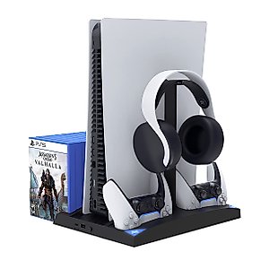Storage Stand for PS5 Console/Digital Edition, Game Organizer with Cooling Fan, Controller Charger Station, 15 Game Case Holder, 3 USB Ports and 1 Media Remote Storage - Black