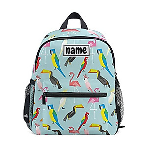 Glaphy Custom Kid's Name Backpack, Cute Parrots Birds Flamingo Geometric Toddler Backpack for Daycare Travel Personalized Name Preschool Bookbags for Boys Girls