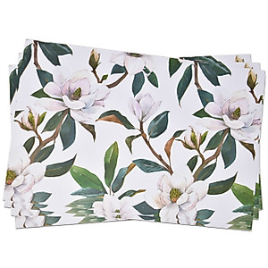 Disposable Floral Magnolia Blossom Paper Place Mats 50 Pack 11”x 17” Rectangle Spring White Flowers Coated Placemat Summer Flower Dinner Table Setting