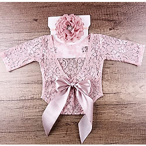 Baby Photography Props Outfit Lace Rompers Newborn Girl Photo Shoot Outfits Flower Headband Princess Costume (Snow bud color)