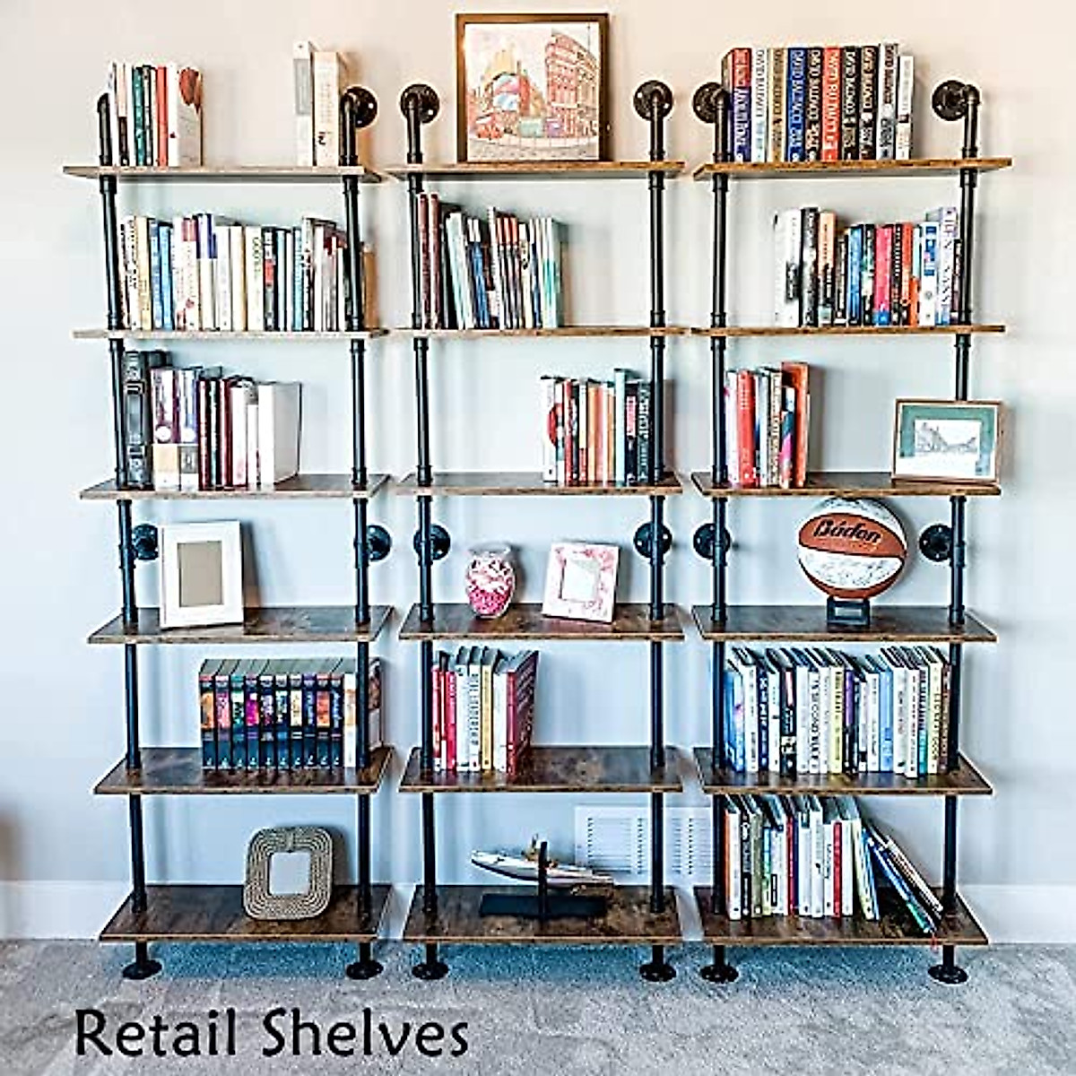 ZIOTHUM 6-Tier Industrial Pipe Shelves Shelf Shelving Rustic Wood Metal Wrought Iron Ladder Bookcase Bookshelf Wall Mounted Mount DIY Loft Vintage Floating Hanging Storage Display (23.6x9.8x78.7”)