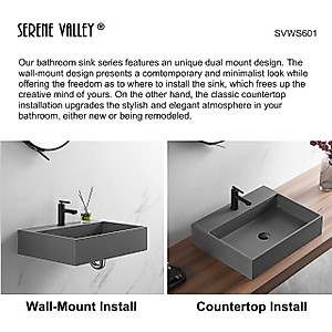 Serene Valley Bathroom Sink, Wall-Mount Install or On Countertop, 40" with Single Faucet Hole, Premium Granite Material in Matte Gray