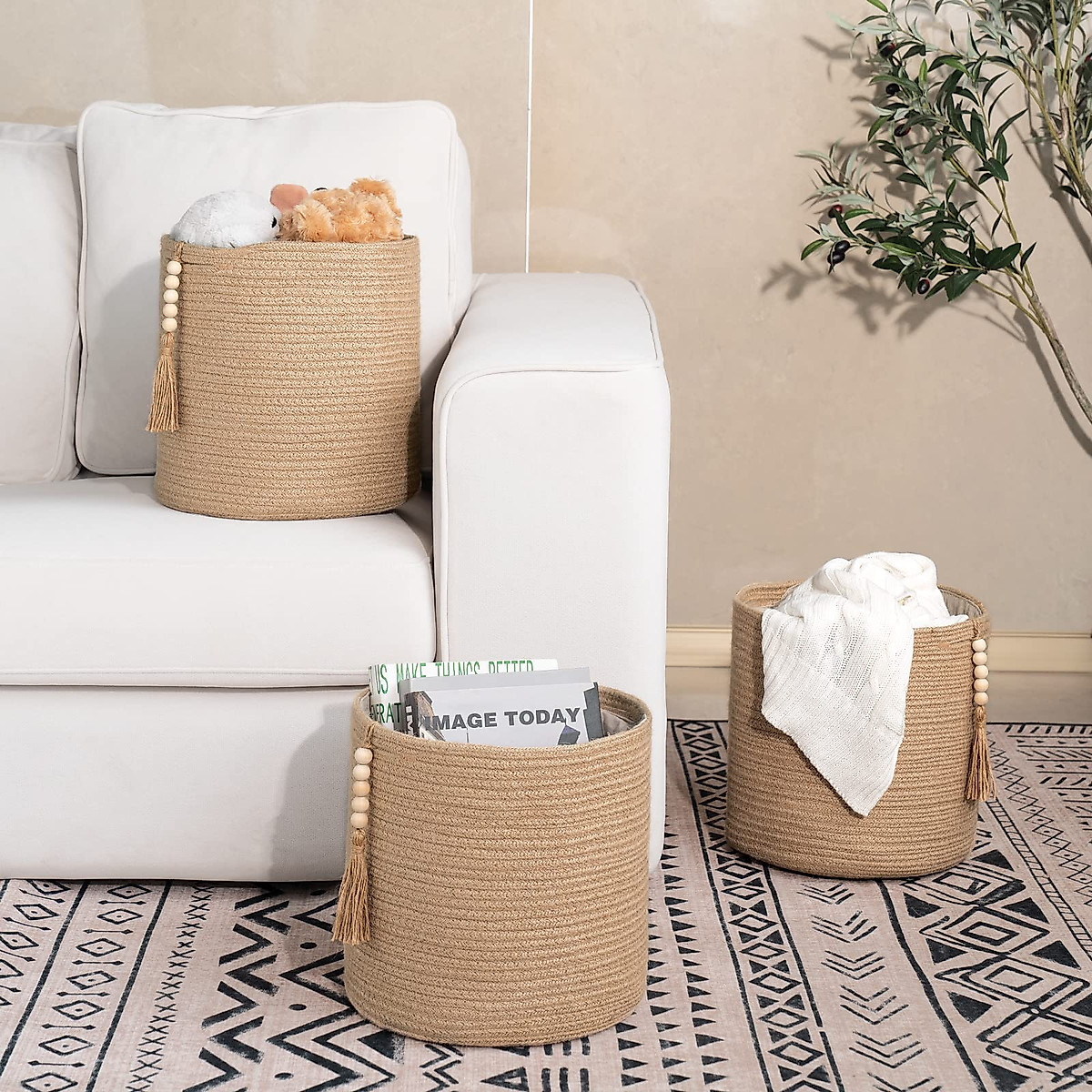 Mkono Storage Baskets Set of 3 Small Woven Cubes Bins Basket Organizer Decorative Wooden Beads Tassel 11" Jute Rope Shelf Baskets Home Decor for Living Room Closet Organizing Nursery Bedroom