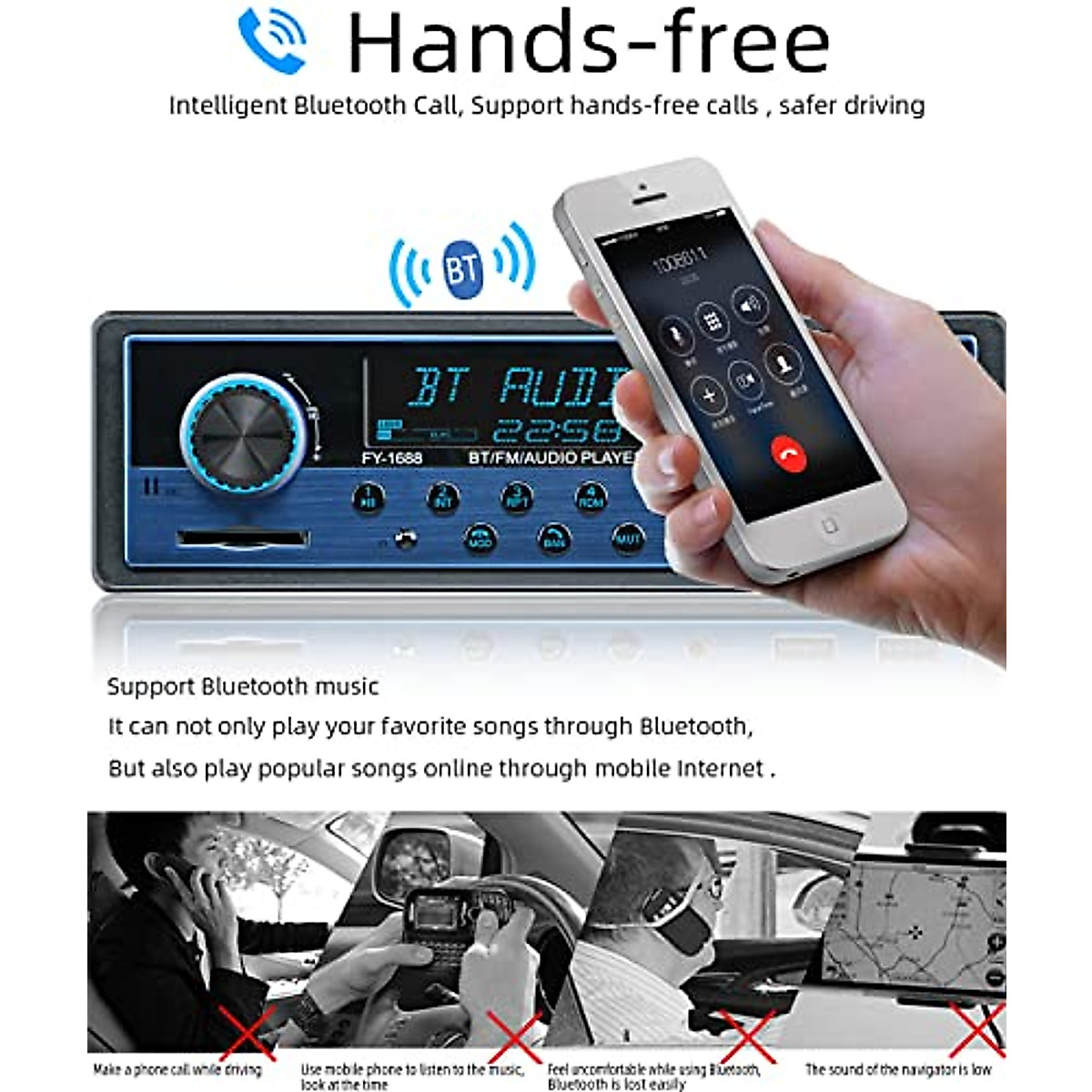 FYPLAY Dual USB Bluetooth Car Stereo, FM Radio Receiver, Hands-Free Calling, Built-in Microphone, USB/SD/AUX Port, Sky Blue Dual Knob Audio Car Multimedia MP3 Player, USB Fast Charging