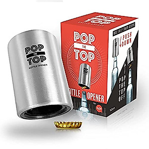 Pop-the-Top Beer Bottle Opener (Stainless): Automatic Bottle Cap Opener, Push Down Pop Off Bar Tool, Soda and Beer Cap Remover, Cool & Fun Gadget