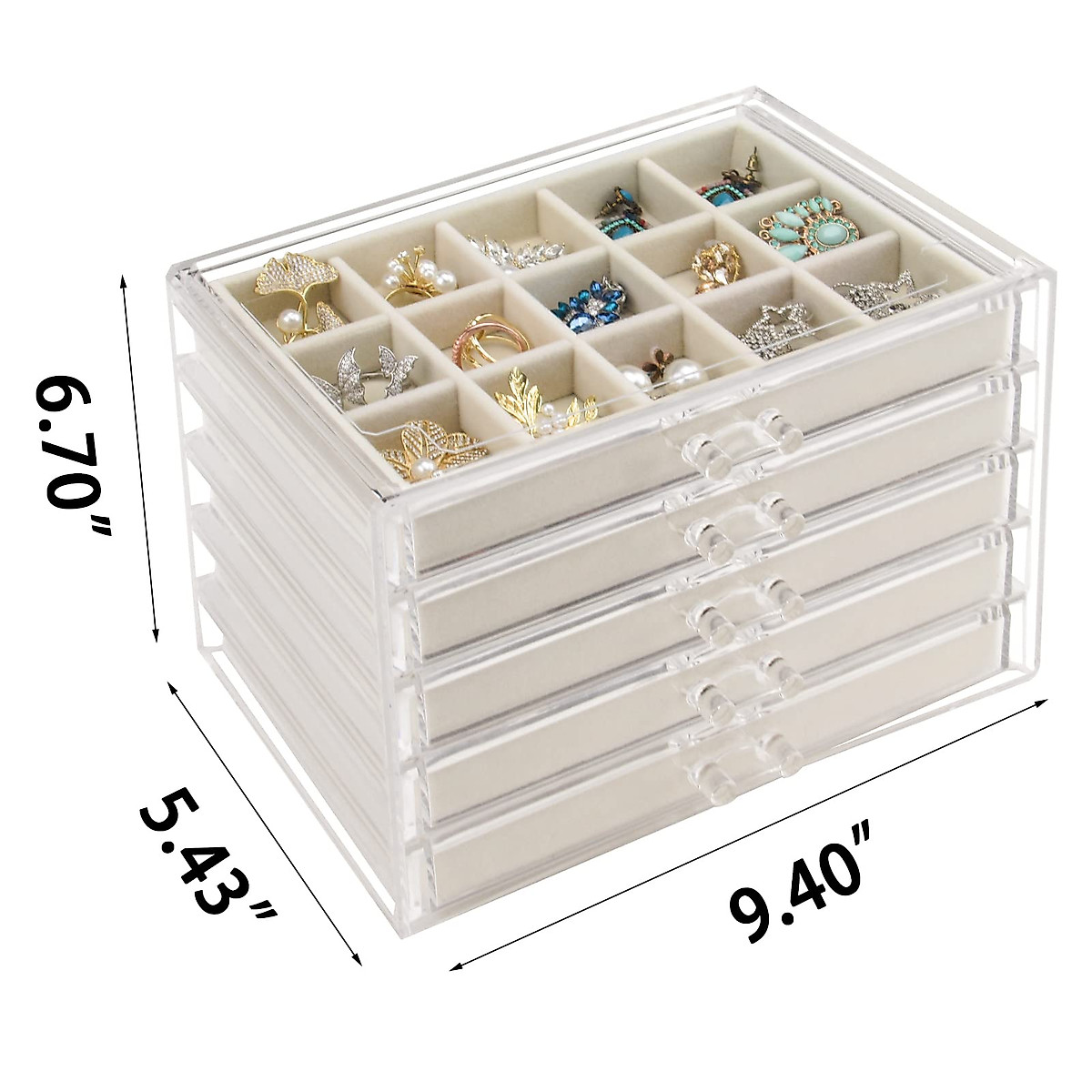 Watpot Acrylic Jewelry Box with 5 Drawers, Clear Earring Storage Organizer Display Case for Women Girls, Beige