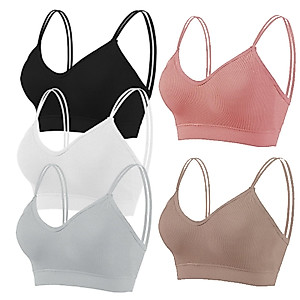 5PCs Wirefree Bras for Women Solid Color Cami Bra Underwear Bralettes V-Neck Seamless Full Coverage Bralette with Support Breast Gather Bra No Underwire Sports Workout Teenager Yoga Bras