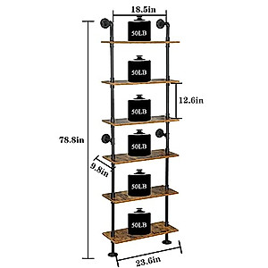 ZIOTHUM 6-Tier Industrial Pipe Shelves Shelf Shelving Rustic Wood Metal Wrought Iron Ladder Bookcase Bookshelf Wall Mounted Mount DIY Loft Vintage Floating Hanging Storage Display (23.6x9.8x78.7”)