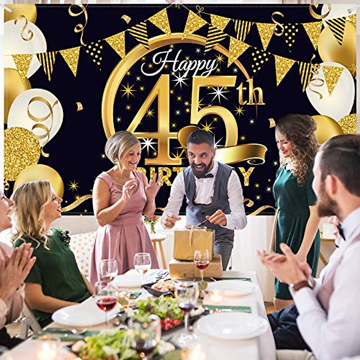 Birthday Party Decoration Extra Large Fabric Black Gold Sign Poster for Anniversary Photo Booth Backdrop Background Banner, Birthday Party Supplies, 72.8 x 43.3 Inch (45th)