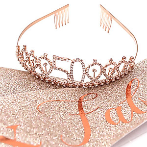 ADBetty 50th Birthday Sash & Rhinestone Tiara Set - Rose Gold Glitter 50th Birthday Gifts Birthday Party Supplies
