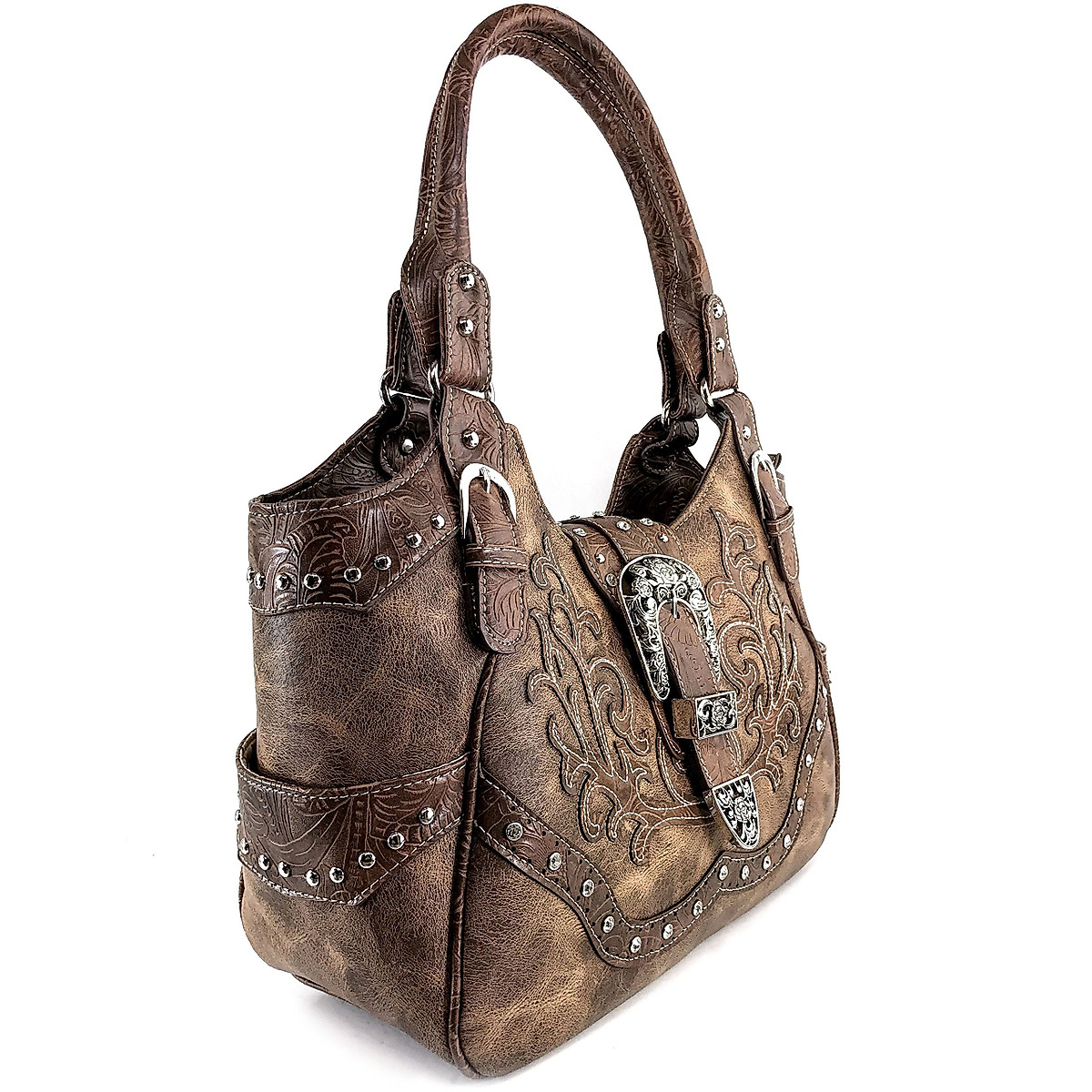 Justin West Western Brown Purse Floral Buckle Concealed Carry Handbag