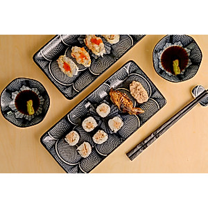 ELUSH 8 Piece Japanese Style Ceramic Sushi Plate Set 10-inch rectangle sushi dishes- 2 Sushi Plates, 2 Sauce Dishes, 2 Pairs of Chopsticks, 2 Chopsticks Holders