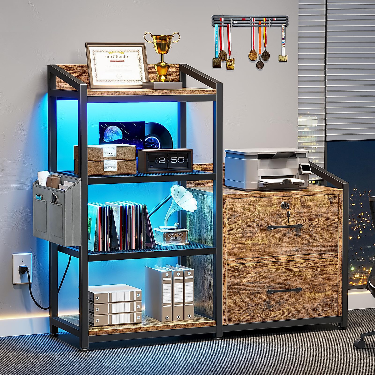 SEDETA 35.4” File Cabinet, Filing Cabinet fits Letter/A4 Size, 2 Drawe File Cabinets for Home Office with Power Strip, LED Lights, Lock, Open Shelf, Rustic Brown